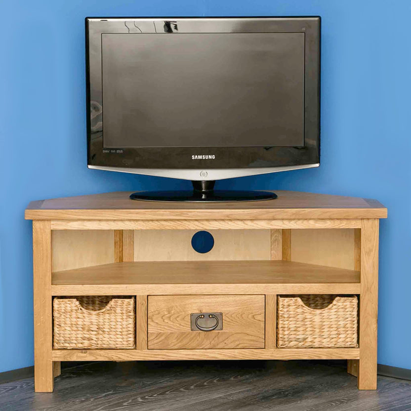 Surrey Oak Corner TV Stand With Baskets | Roseland – Roseland Furniture