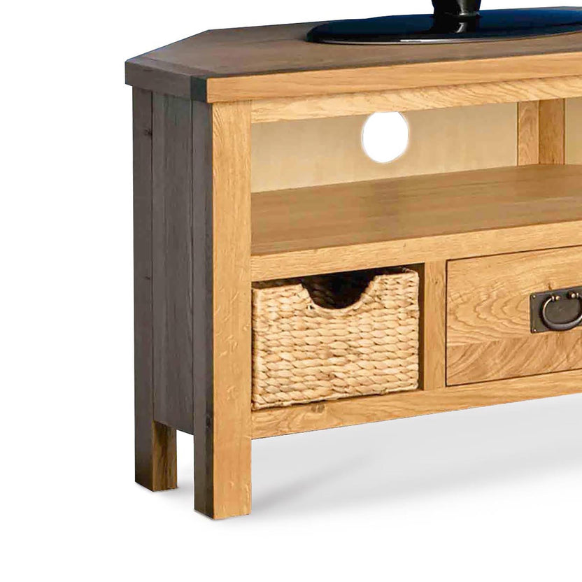 Surrey Oak Corner TV Stand With Baskets | Roseland – Roseland Furniture