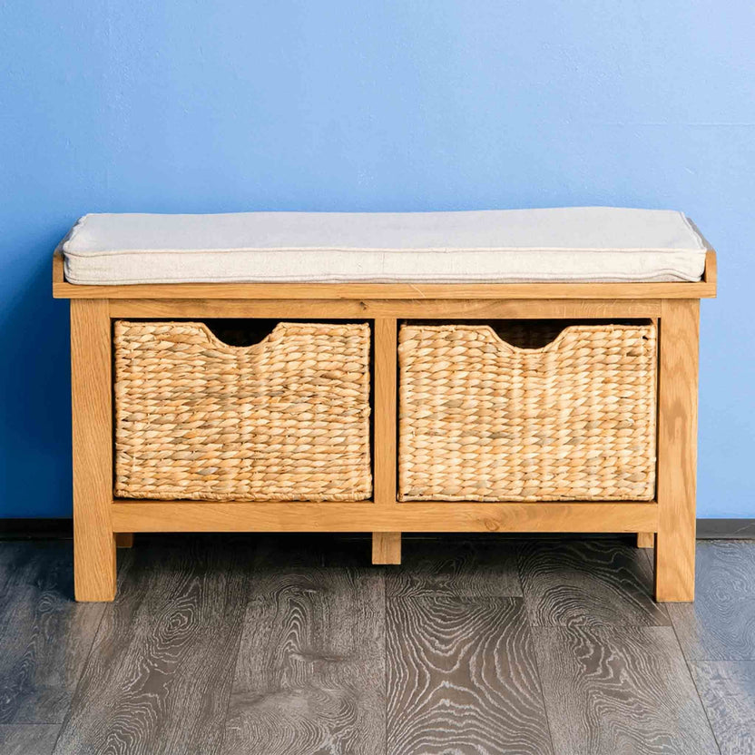 Surrey Oak Hall Bench, Baskets & Soft Fabric Seat | Rustic Waxed Oak – Roseland Furniture