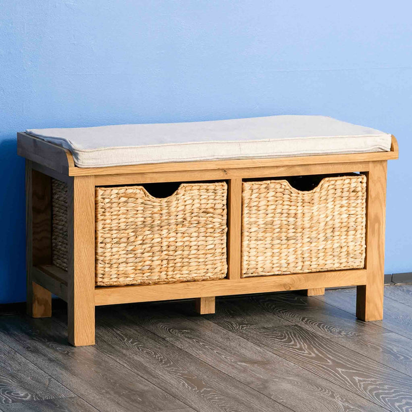 Surrey Oak Hall Bench, Baskets & Soft Fabric Seat | Rustic Waxed Oak ...