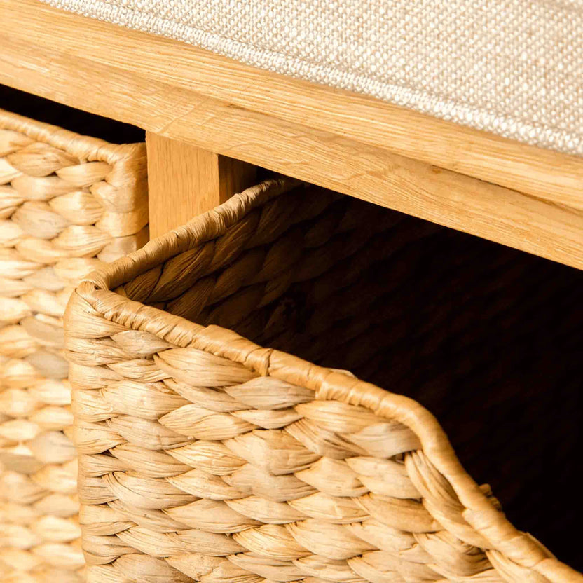 London Oak Hall Bench with Baskets and Cushion | Light Oak | Roseland