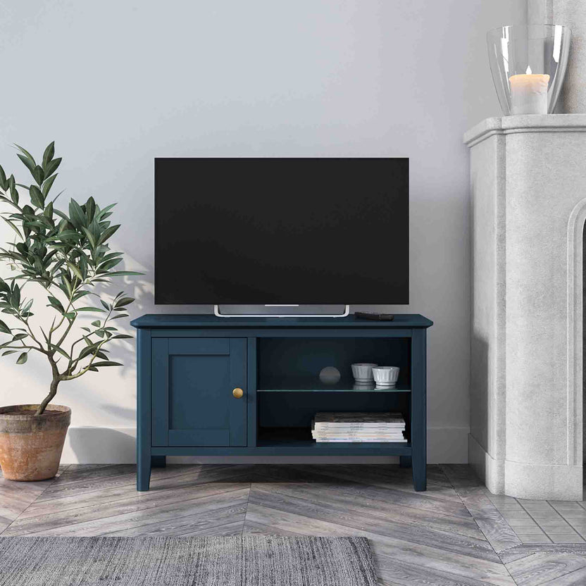 Stirling Blue Small TV Unit, 90cm Solid Wood Media Cabinet | Roseland