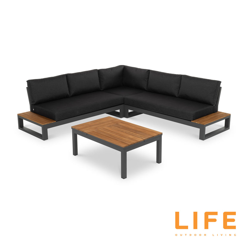 LIFE Soho Corner Garden Sofa Set with Teak Coffee Table & Side Tables