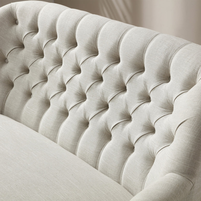Bianca 2 Seater Cream Linen Sofa | Button Tufting | Wooden Legs