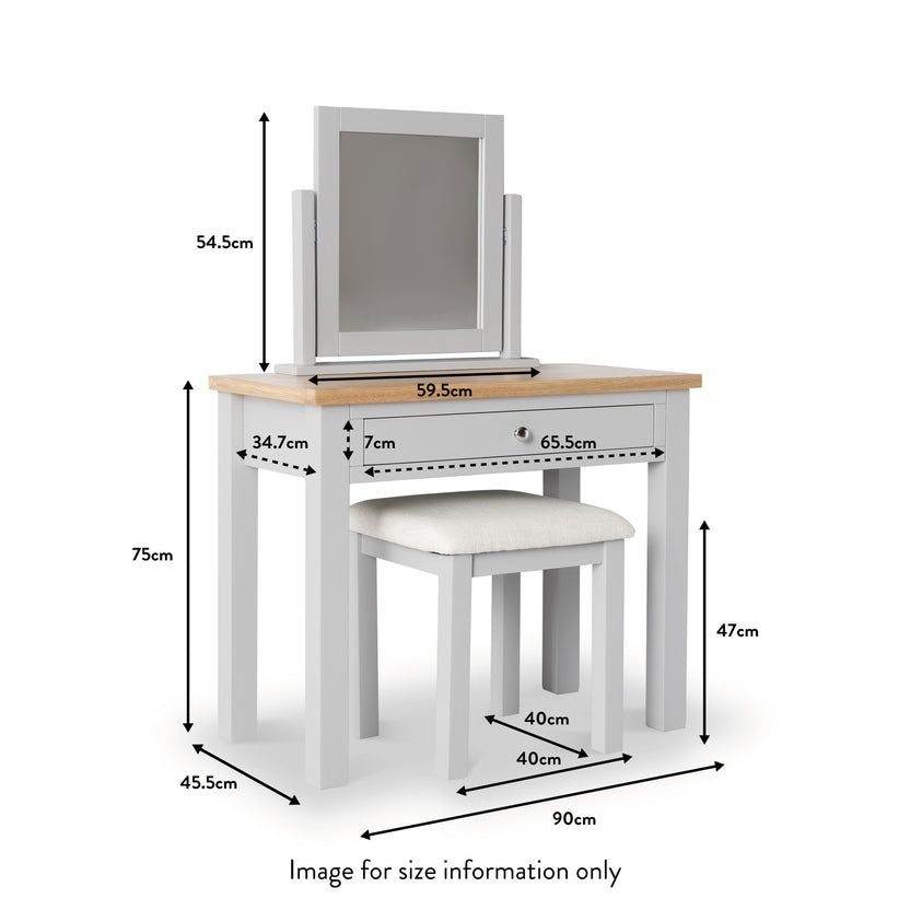 Farrow Grey Dressing Table, Vanity Mirror & Stool for Bedroom | Roseland