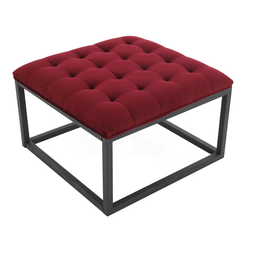 Adison Small Upholstered Red Velvet Buttoned Footstool | Roseland