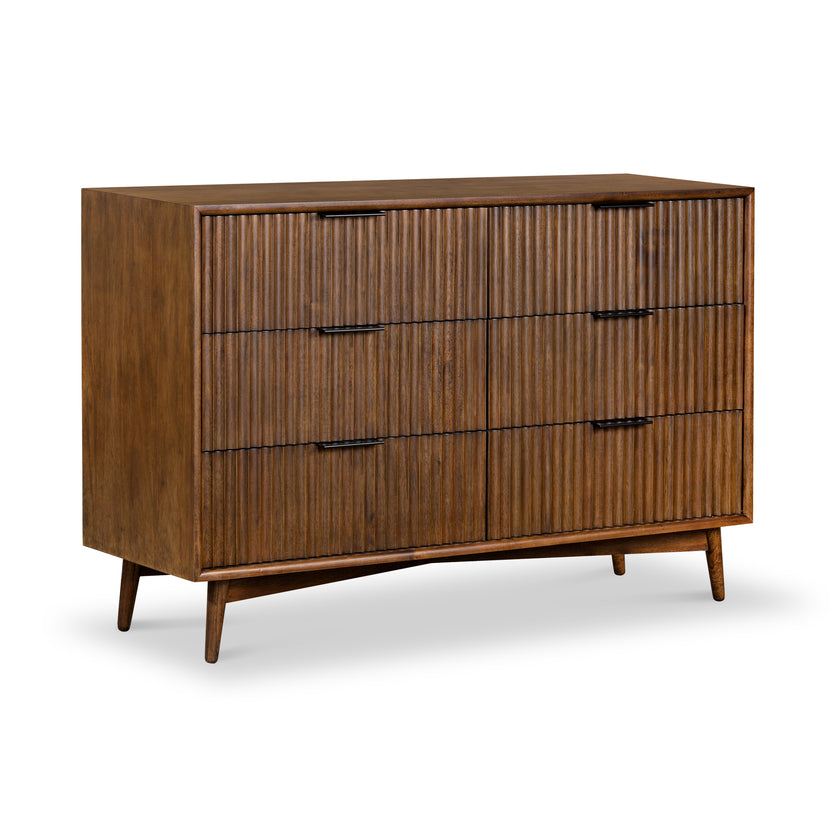 Oskar Walnut Stain Grooved 6 Drawer Chest | Roseland