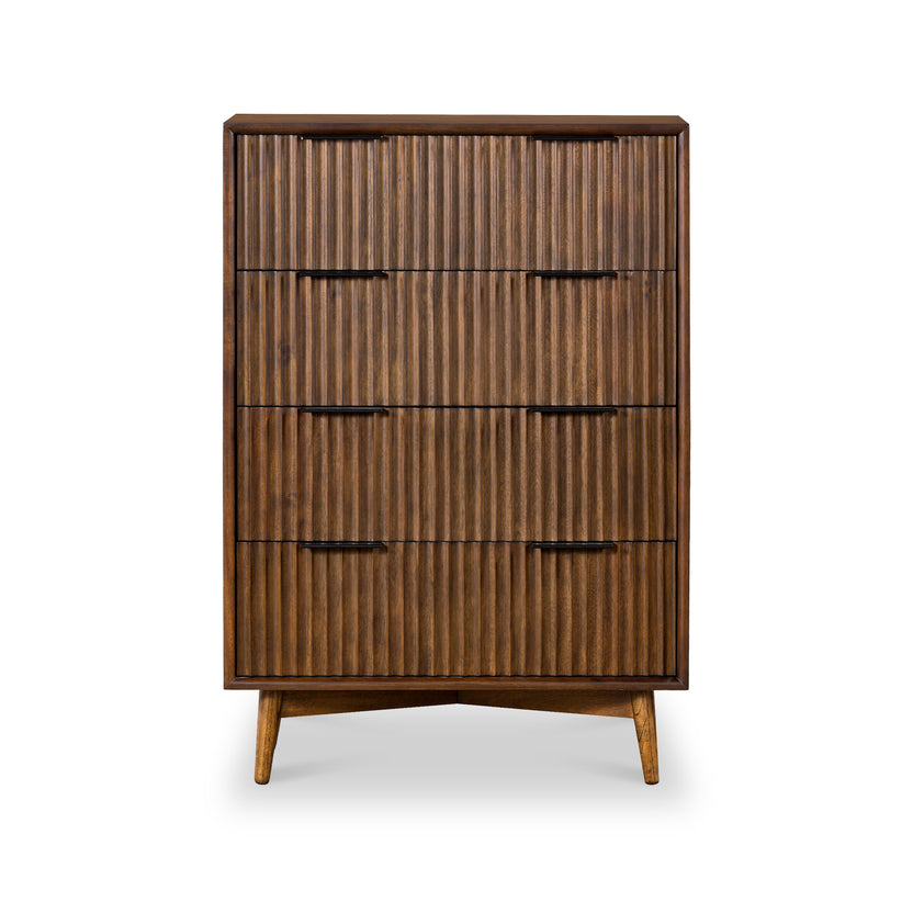 Oskar Walnut Stain Tall Grooved 4 Drawer Chest | Roseland