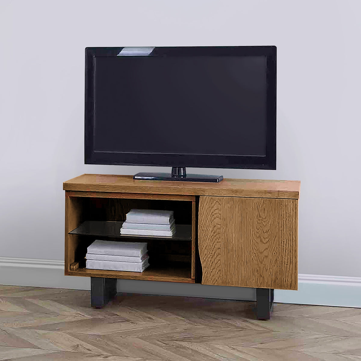 Isaac Oak 90cm Small TV Stand with Industrial Metal Legs | Roseland