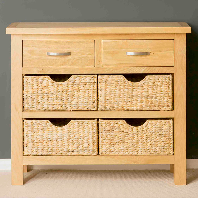 London Oak Console Table With Basket | Solid Wood | Light Oak