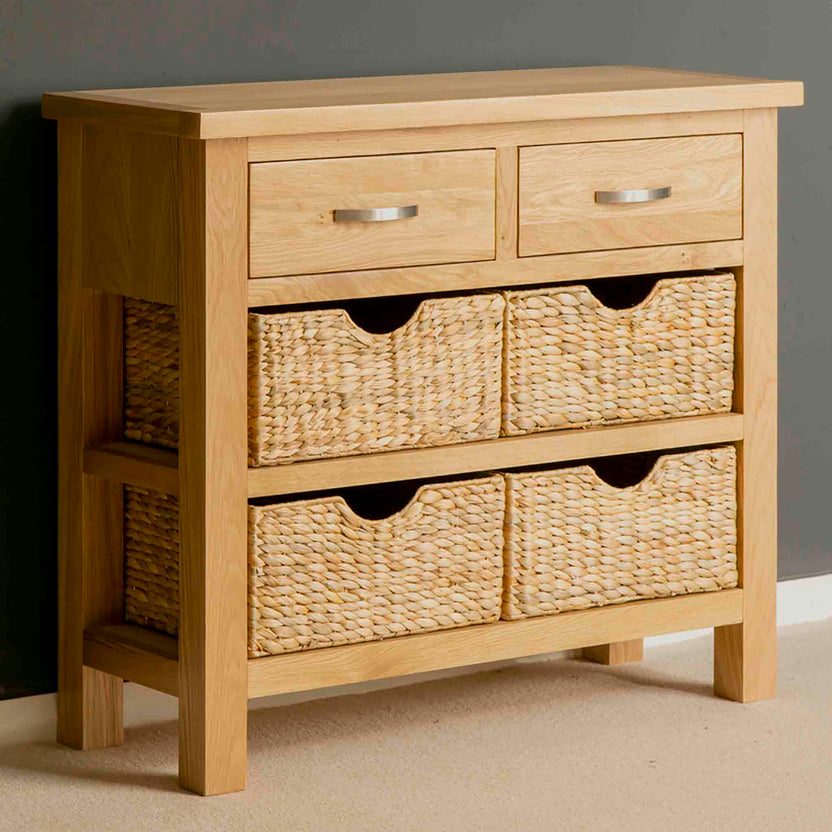London Oak Console Table With Basket | Solid Wood | Light Oak