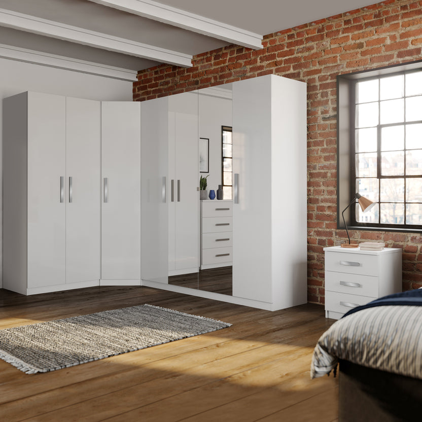 Meribel Gloss White Corner Wardrobe for Bedroom | Roseland