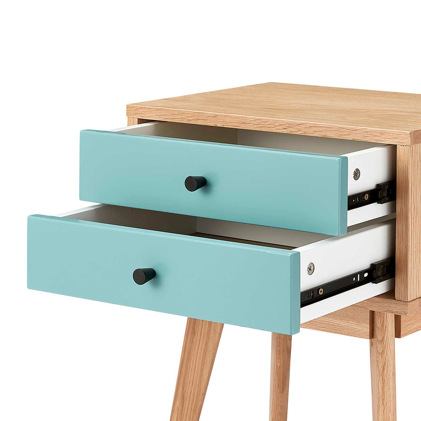Aubrey Scandi Wooden Bedside Table with 2 Coloured Drawers | Roseland